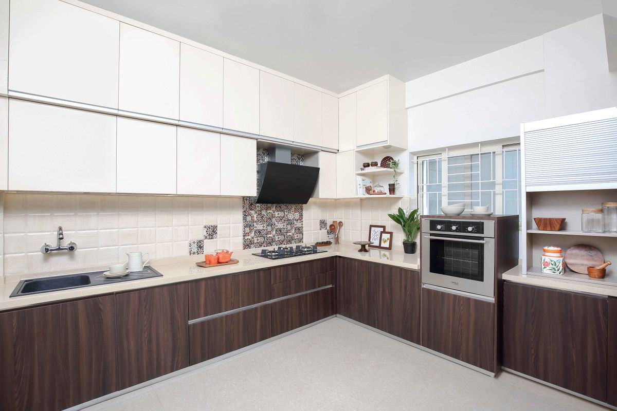 White And Wood Modular L Shaped Kitchen Design With Backlit Countertop ...