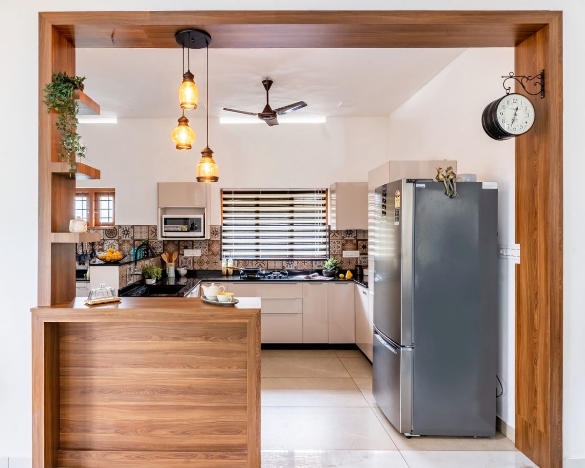 U Shaped Modular Kitchen Design With Sand Satin Cabinets | Livspace