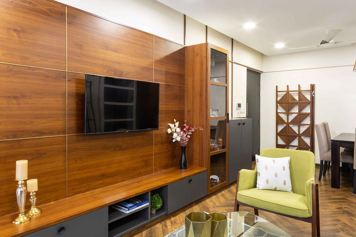 TV Unit Design In Slate Grey And Walnut Bronze | Livspace