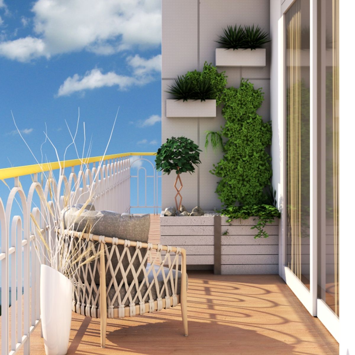 Balcony Design With Concrete Grooved Wall And Brown Matte Flooring ...