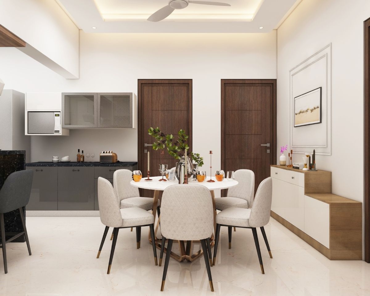 White And Beige 6-Seater Round Dining Room Design | Livspace