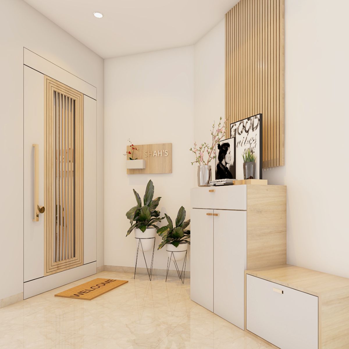 Foyer Design With Wooden Fluted Panels And Grooves | Livspace
