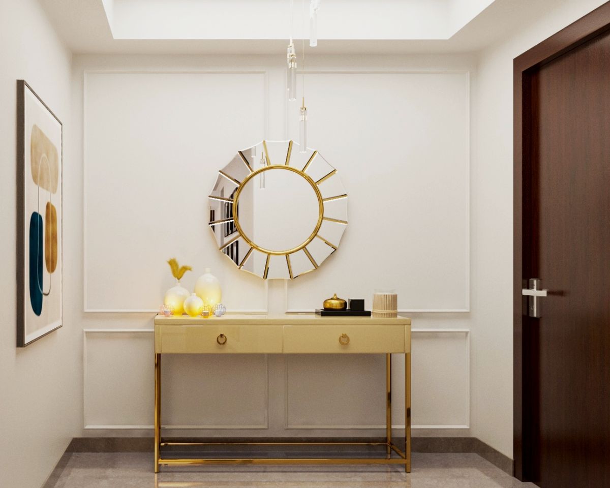 Foyer Design With Floor-Mounted Storage Unit And Accent Wall With Trims ...