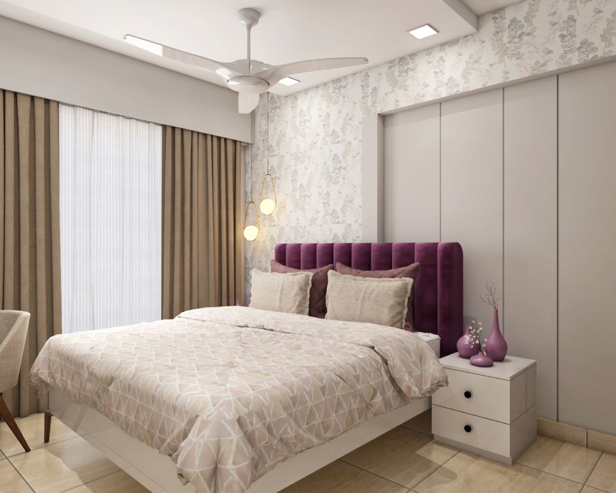 Guest Room Design With Purple Tufted Headboard And Leafy Wallpaper ...