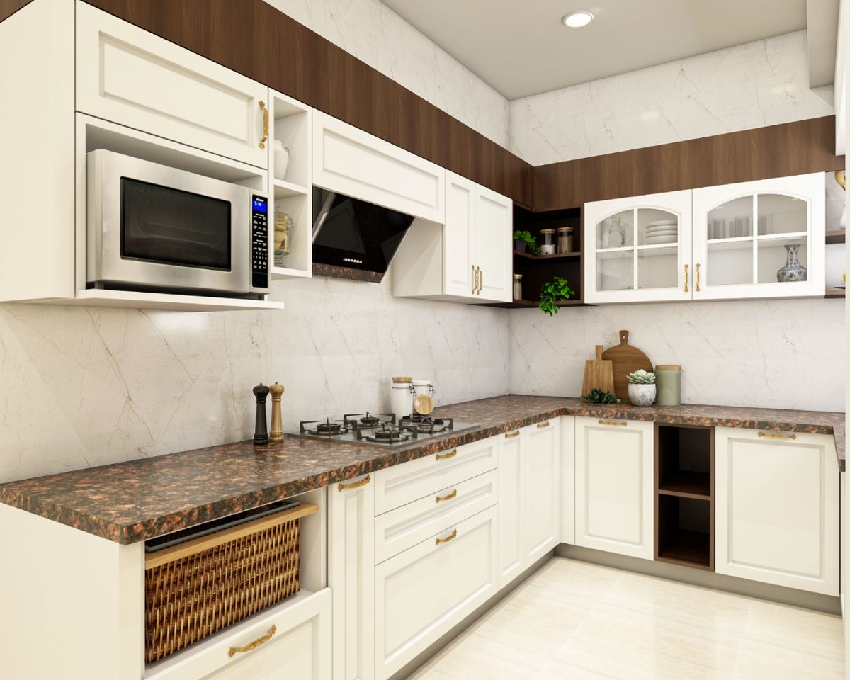White U Shaped Kitchen Design With Marble Dado Tiles | Livspace