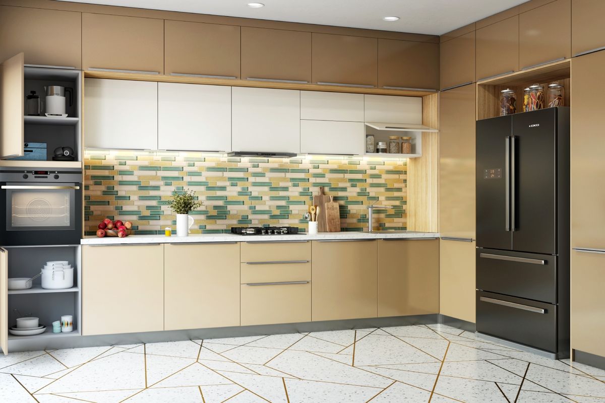 Irish Cream And Frosty White L Shaped Kitchen Design | Livspace