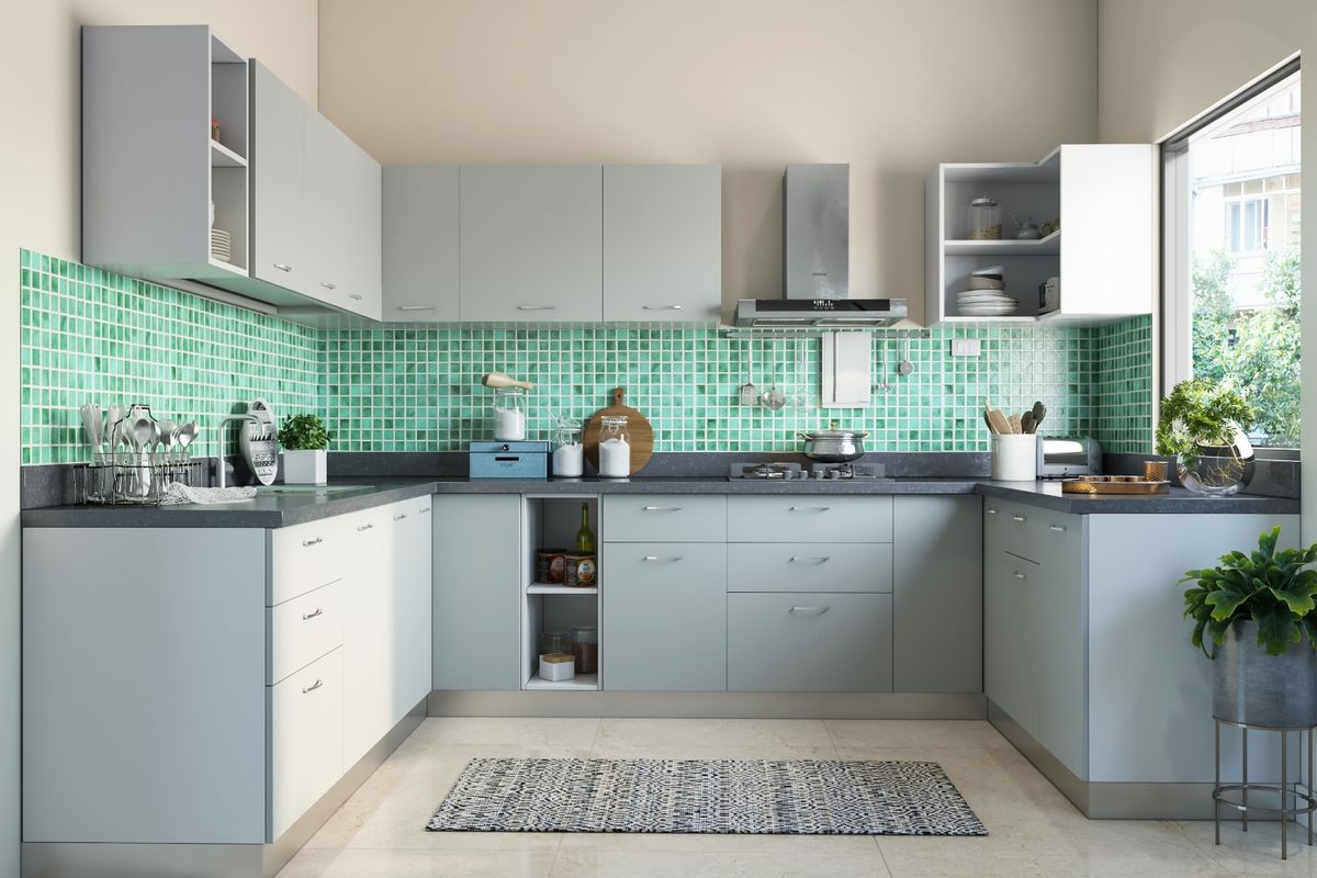 Matte Green-Tone Mosaic Kitchen Tile Design | Livspace