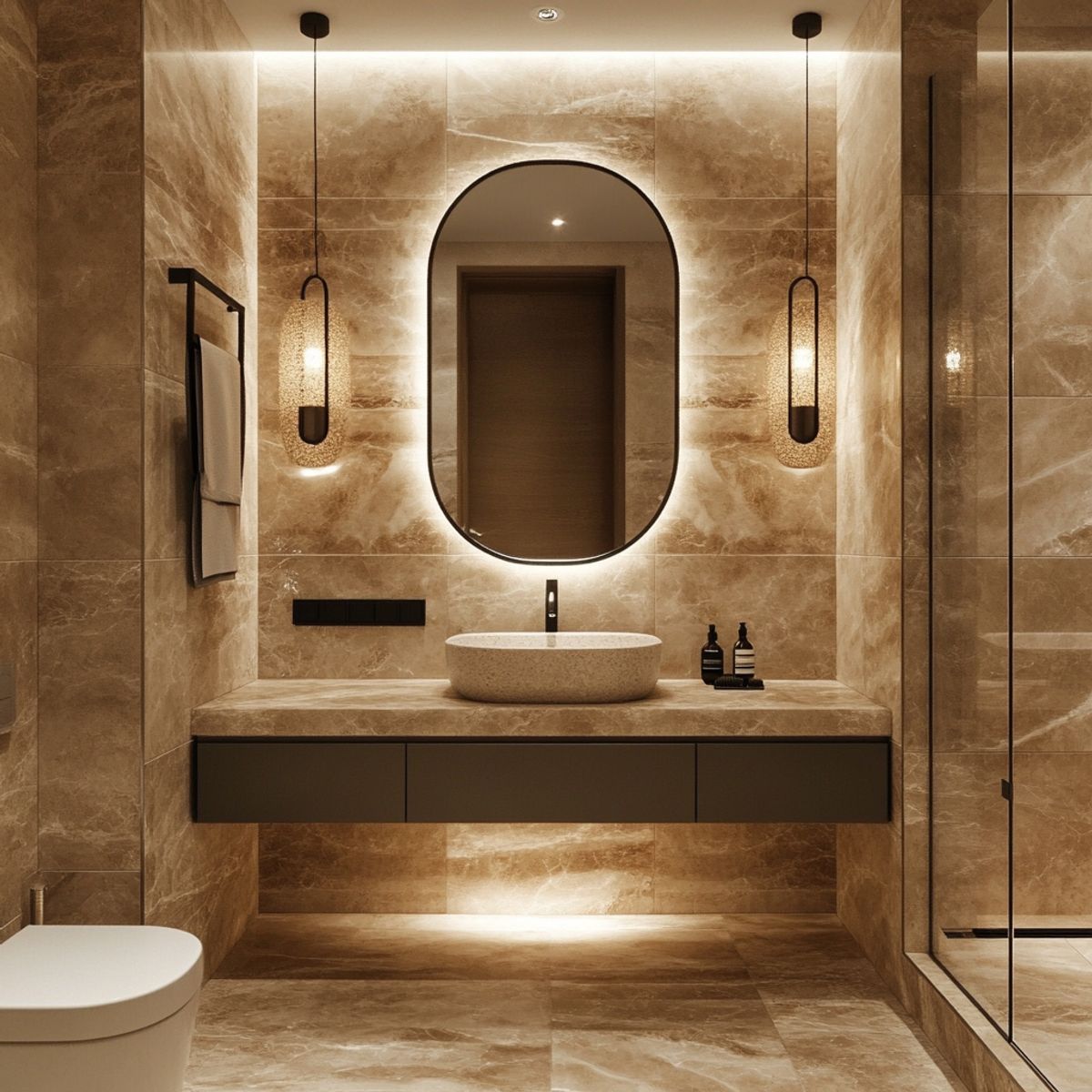 Bathroom Design with Contemporary Light Brown Tiles, Marble Countertop ...