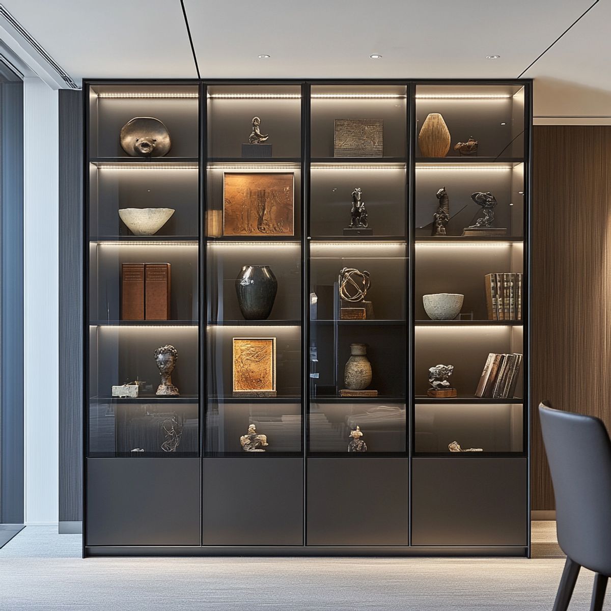 Spacious Modern Crockery Unit Design with Glass Doors, Open Shelves and ...