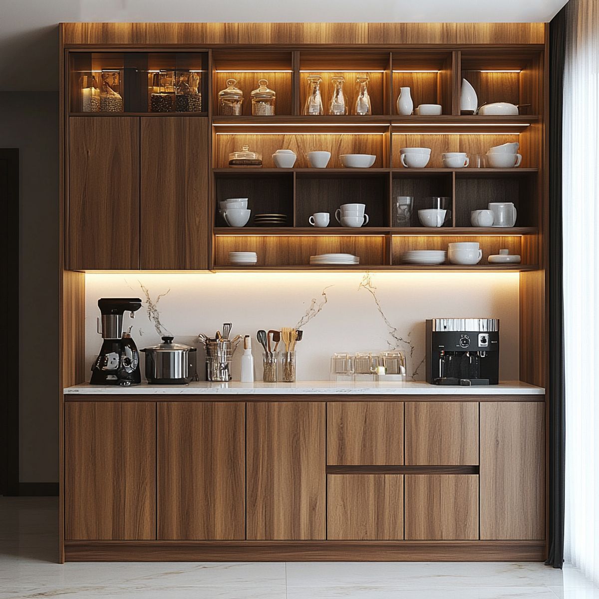 Crockery Unit Design with Modern Drawers, Open Racks, and Closed ...