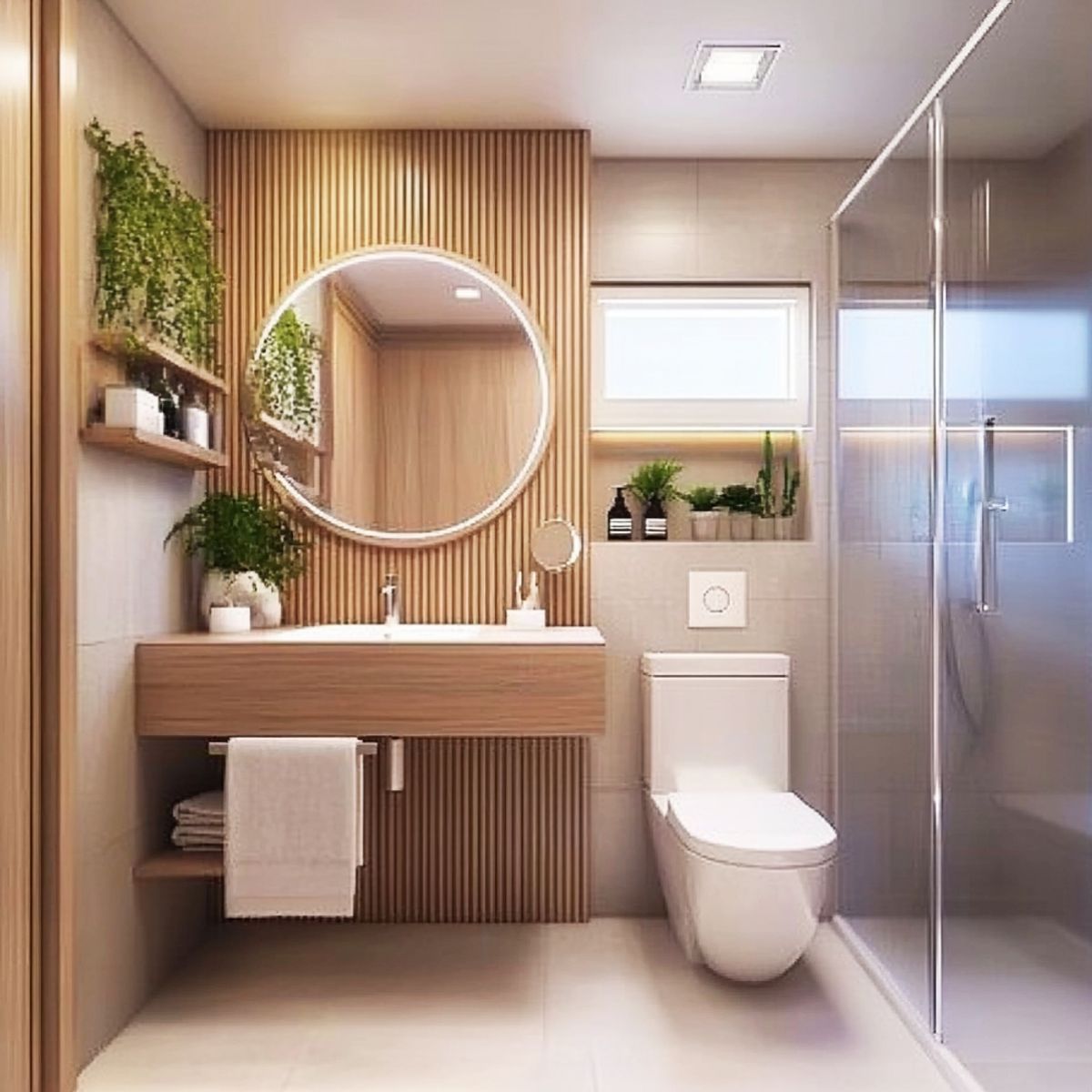 Efficient Scandinavian Bathroom Design with Backlit Mirror and Wooden Fluted Walls | Livspace