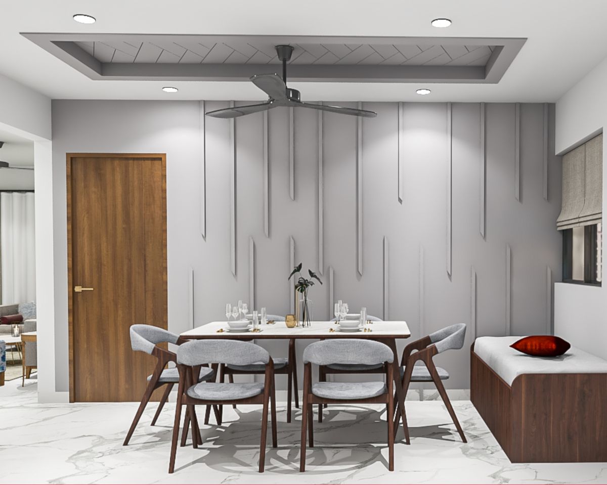 Modern Dining Room Design with Marble Table, Grey Ceiling, and Storage ...