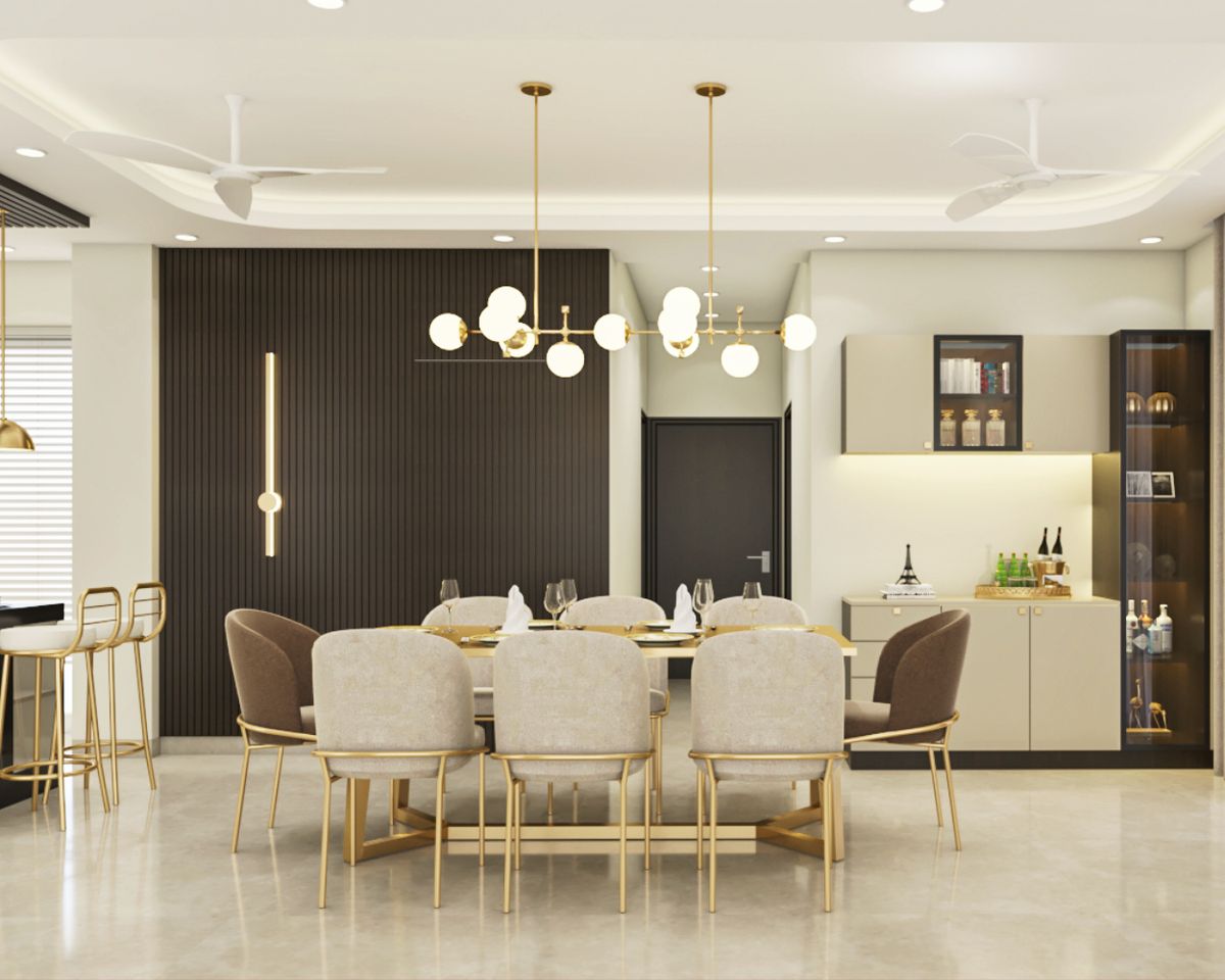 Dining Room Design with Contemporary Chandelier, Golden 8-Seater Dining ...