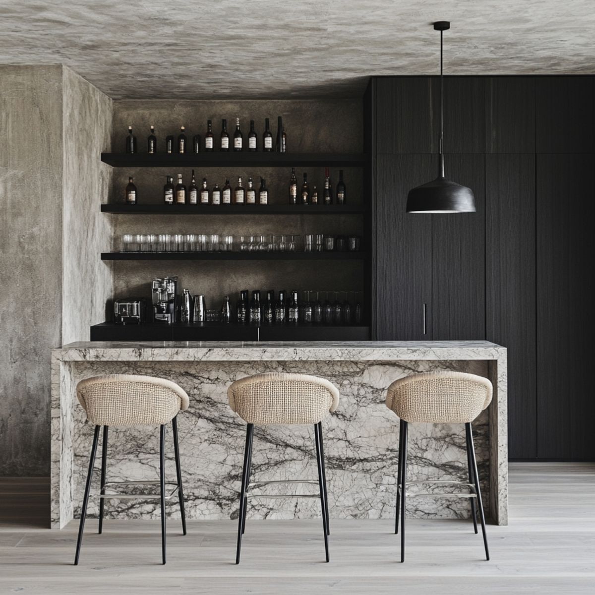 Industrial Home Bar Design in Suede Laminate Finish with Tall Units and ...