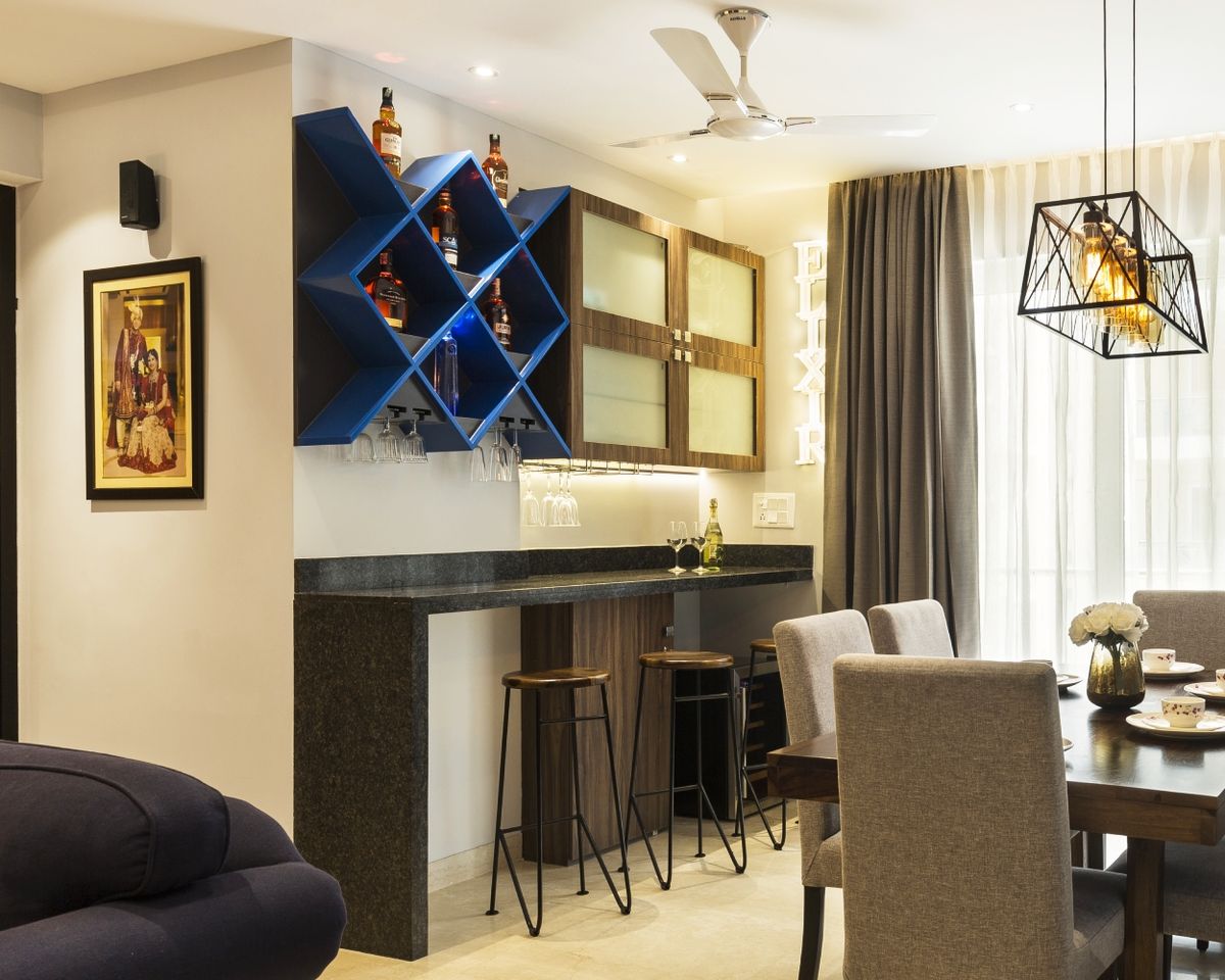 Home Bar Design in Contemporary Blue and Acacia with Wall Storage Unit ...