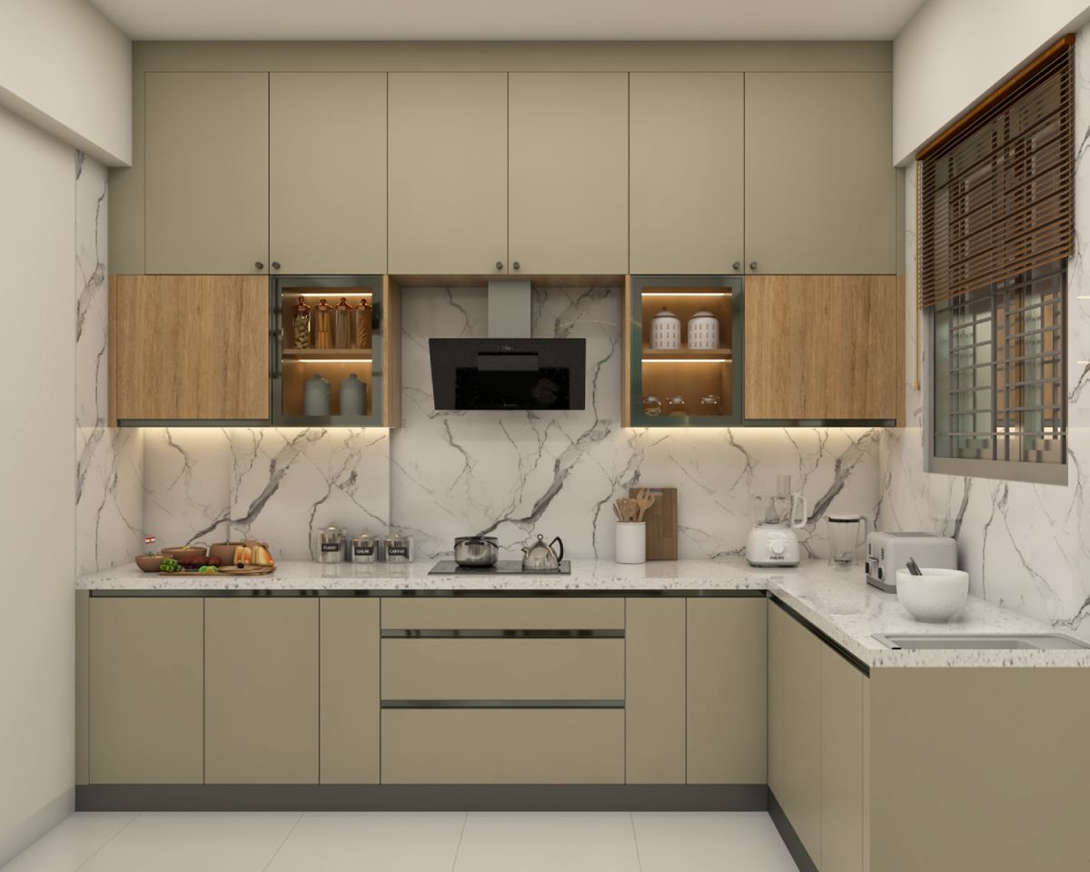L-Shaped Contemporary Kitchen Design with Gola Handles and Quartz Countertop for Small Families ...