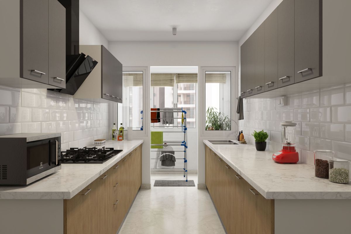 Functional Parallel Kitchen Design with Contemporary Teak Units and ...