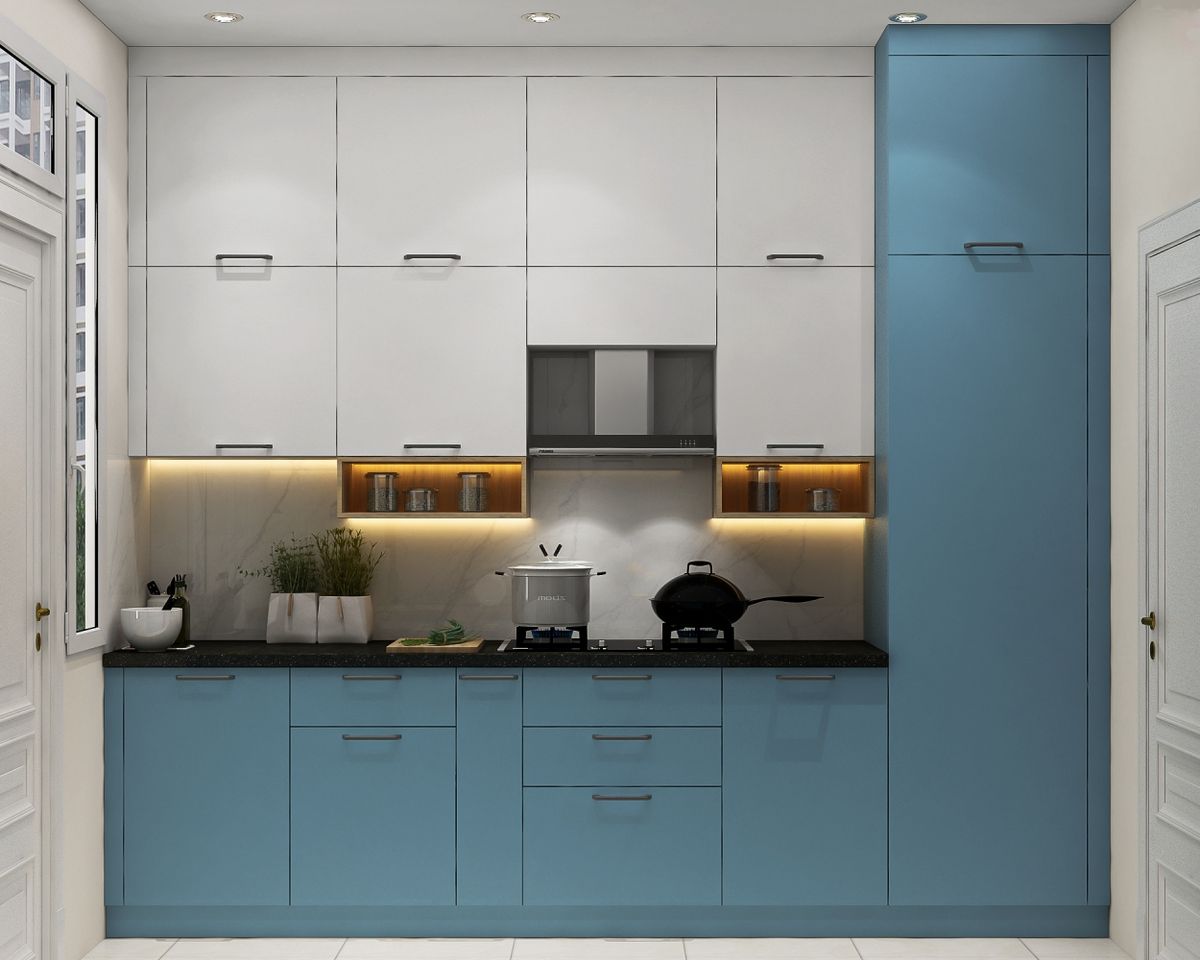 Modern Parallel Kitchen Design with White and Blue Units, Granite ...