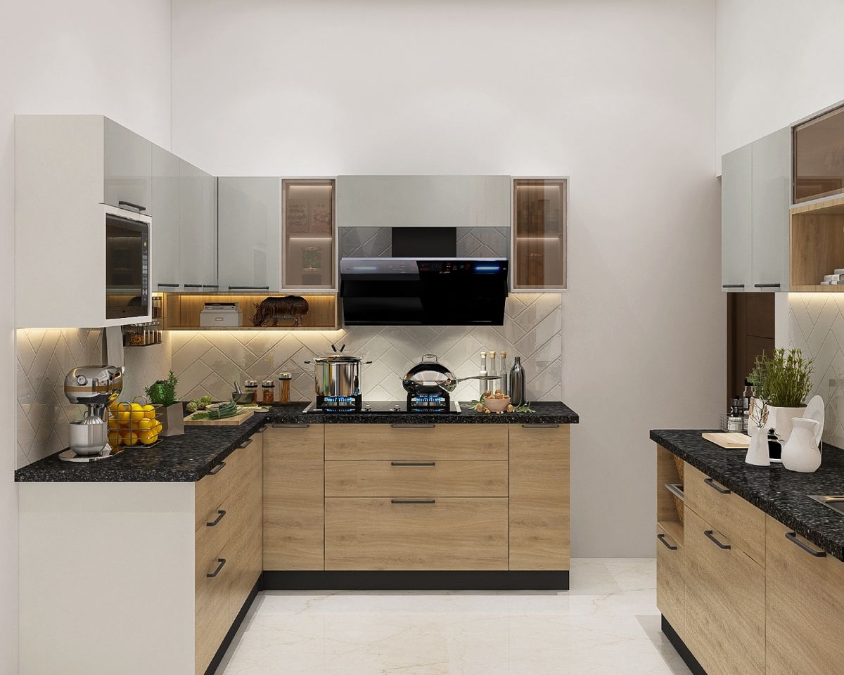 Contemporary L-Shaped Kitchen Design with Open Spice Racks, Granite ...