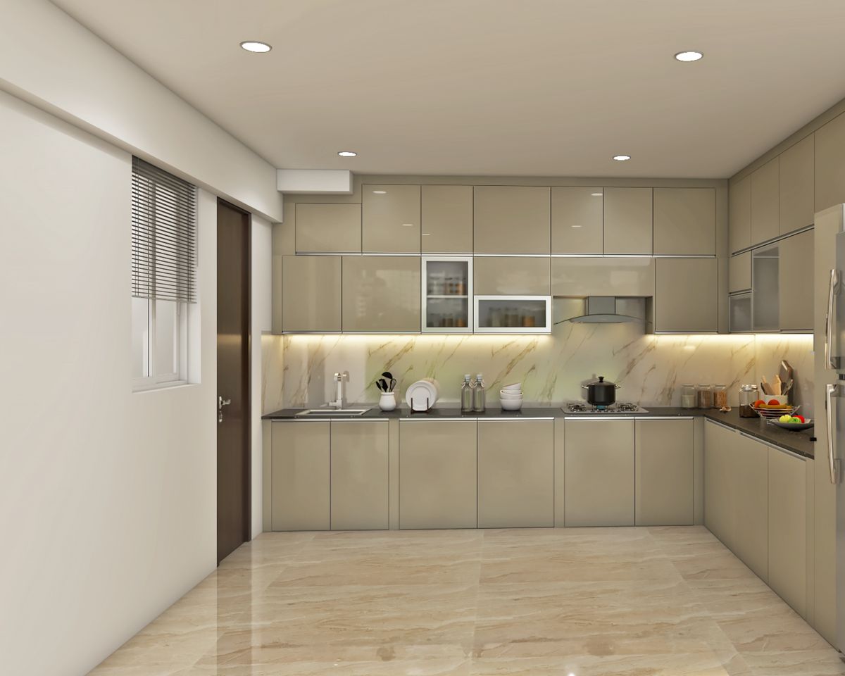L-Shaped Minimal Kitchen Design with Cabinets, Tall Unit and Granite ...