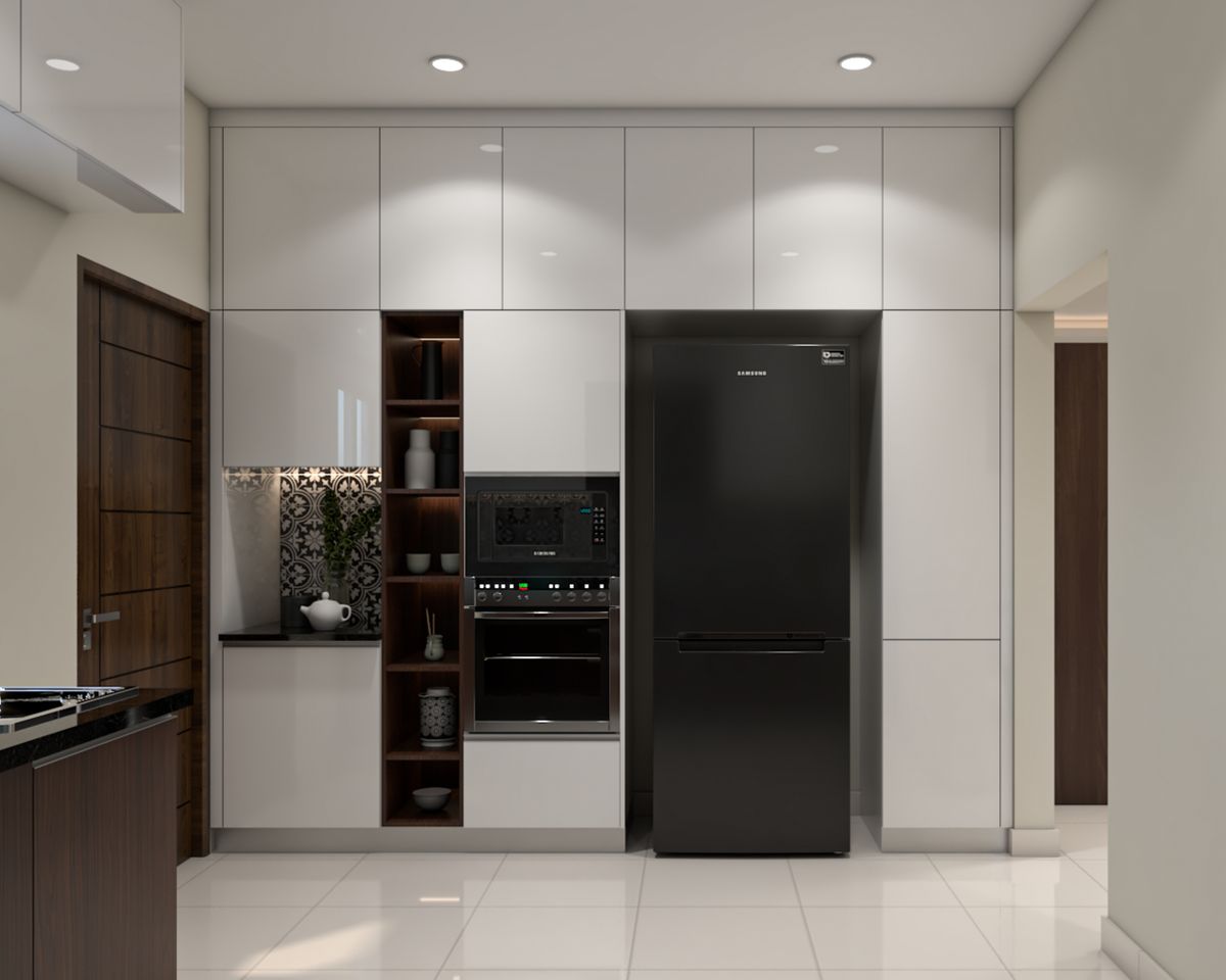 L-Shaped Contemporary Kitchen Design with Tawny Balsam and Metallic ...