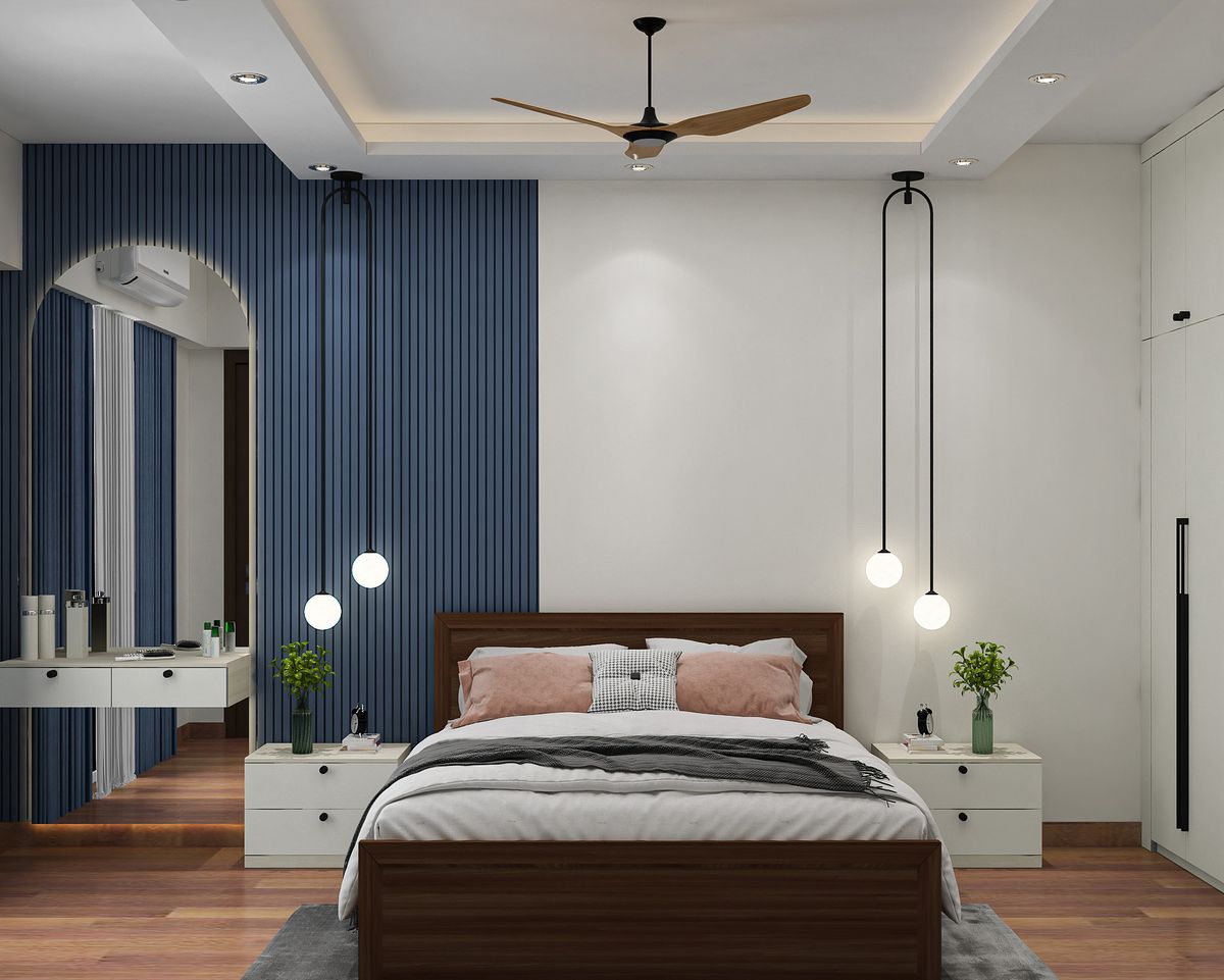 Contemporary Master Bedroom Design with Dark Blue Panels, LED Mirror ...