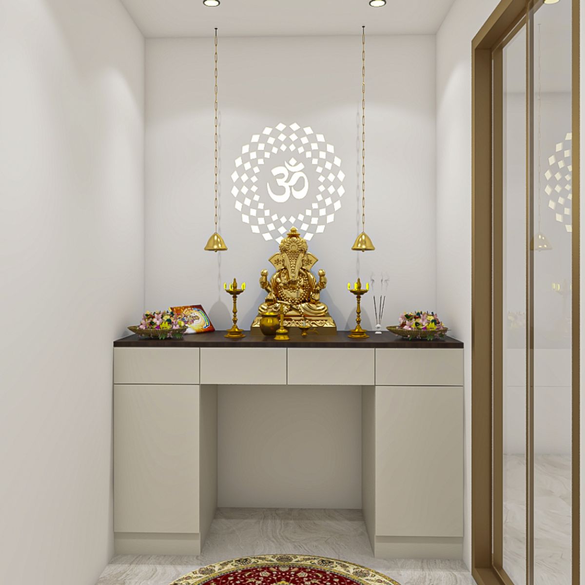 Pooja Room Design with Suede Finish Base, OM Mandala Accent, and Modern ...