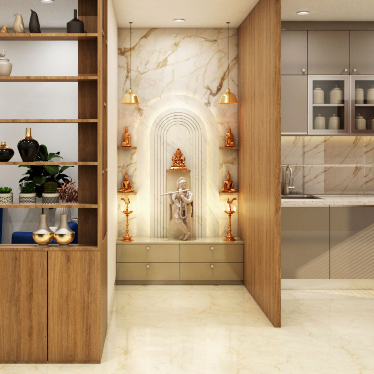 Floor-Mounted Modern Pooja Unit Design with Irish Cream Finish and ...