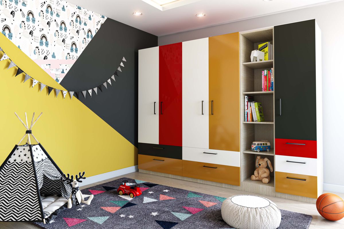 Modern 5-Door Swing Wardrobe Design with Colorful Panels and Built-in ...