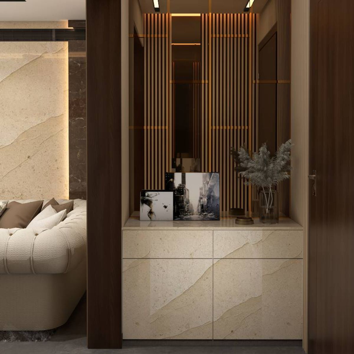 Compact Foyer Design With High-Gloss Cream Unit | Livspace