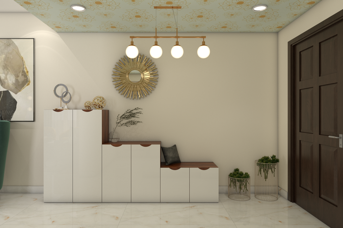 Spacious Foyer Design With Wooden And White Finishes | Livspace