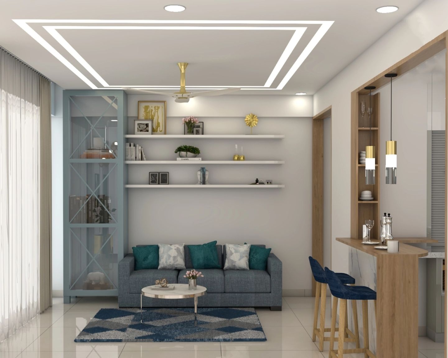 Spacious Modern Style Living Room Design With Blue Sofa | Livspace