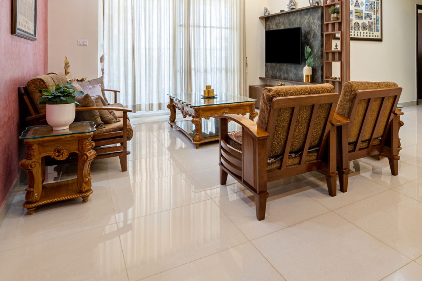 Minimalist Living Room Tile Design With 2’ x 2’ Tiles | Livspace