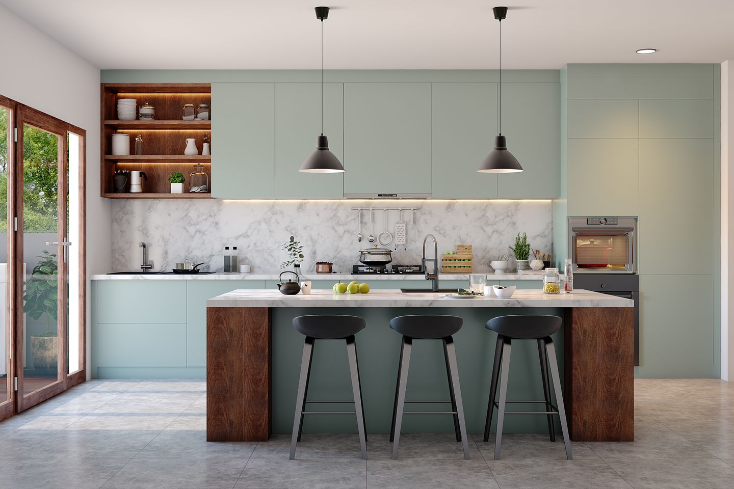 Pastel Spacious Kitchen Design With In-built Appliances | Livspace
