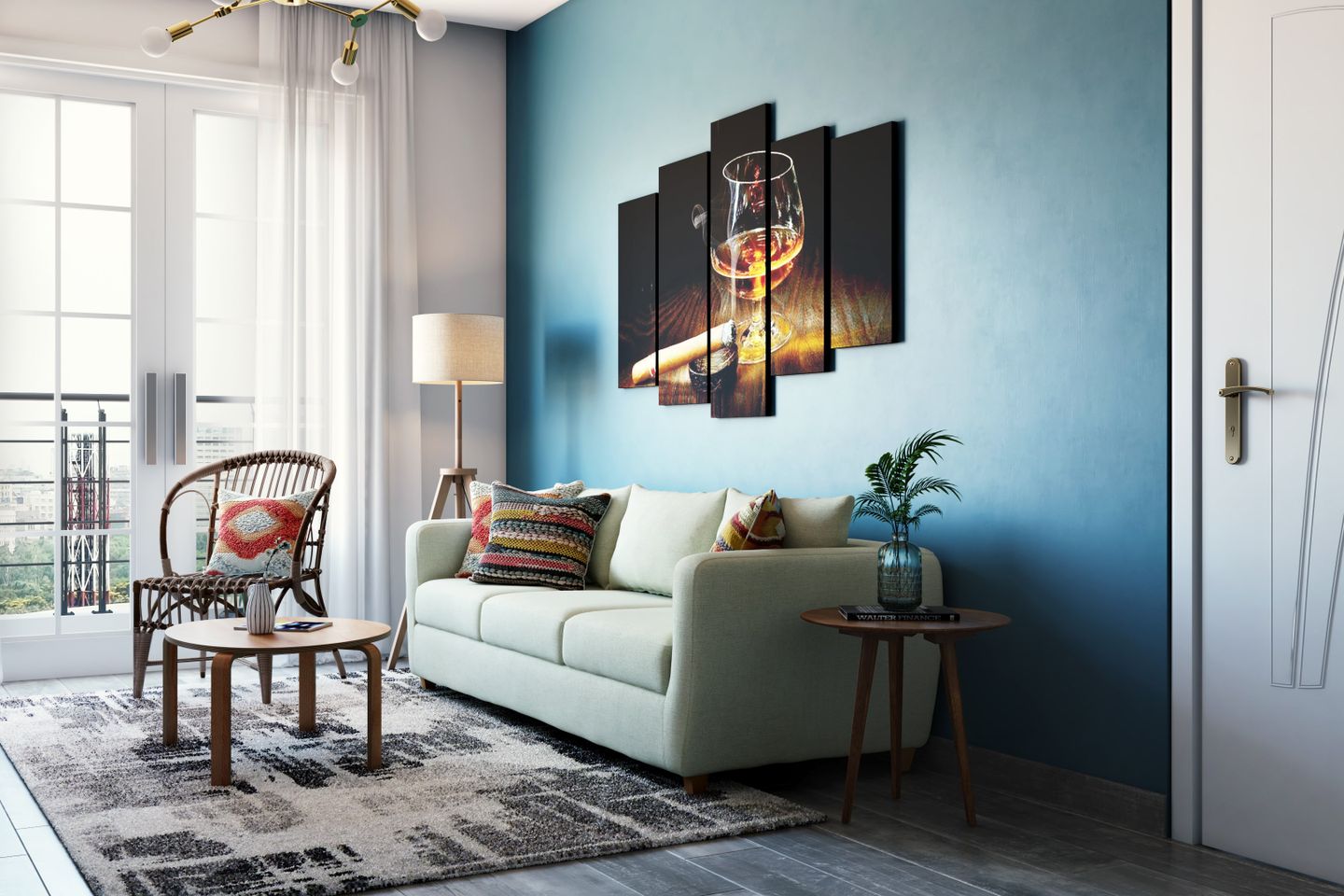 Spacious Living Room Design With A Wooden Wall-Mounted TV Unit | Livspace