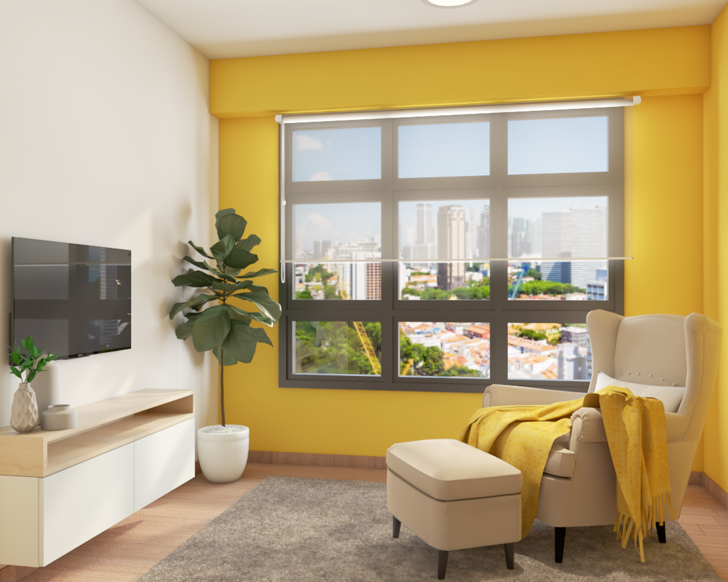 Contemporary Living Room Design With Yellow Accent Wall | Livspace