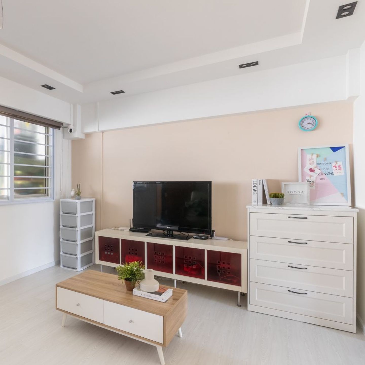 Semi-Glossy Beige And Red Floor-Mounted TV Unit Design | Livspace Semi-Glossy Beige And Red Floor-Mounted TV Unit Design | Livspace