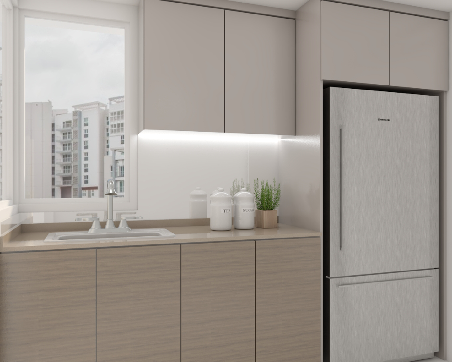 Light Wooden Texture Modern Kitchen Design with In-Built Appliances ...