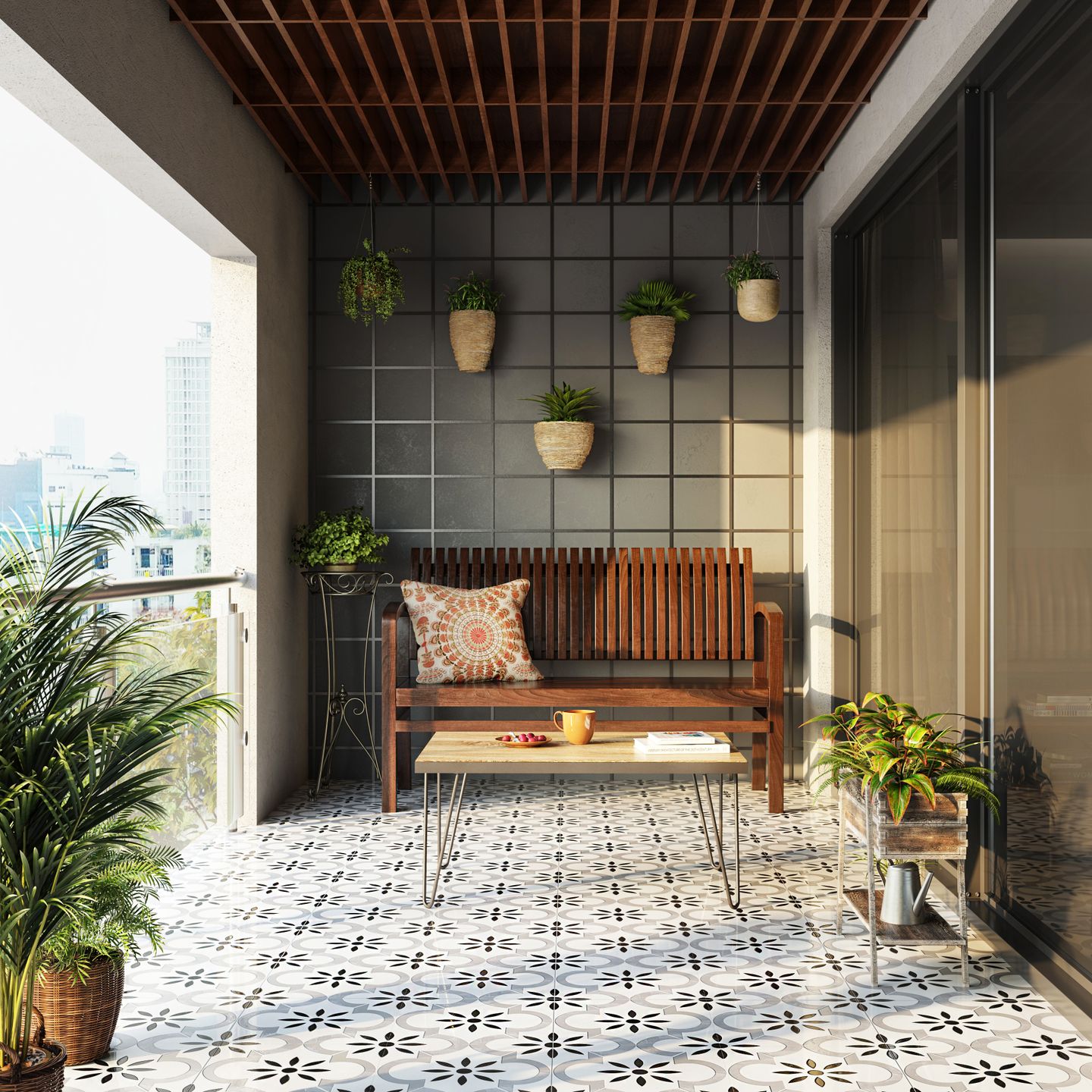 Spacious Earthy Balcony with Wooden Rafter Ceiling and Bench | Livspace