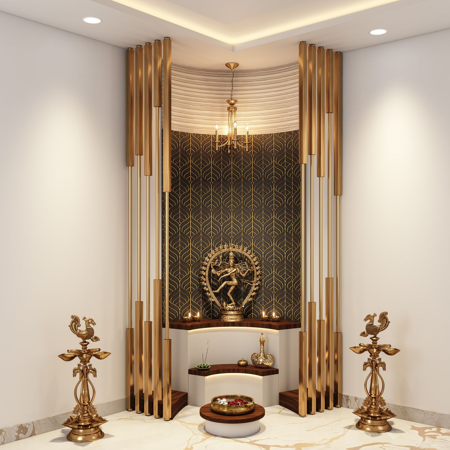 Space-saver Open Pooja Setting with Gold Embellishments