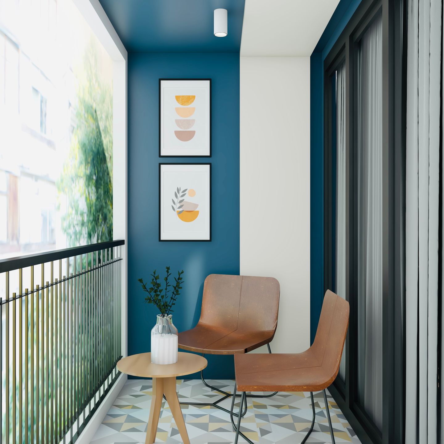 Modern Balcony Design With Royal Blue Wall And Contemporary Art ...