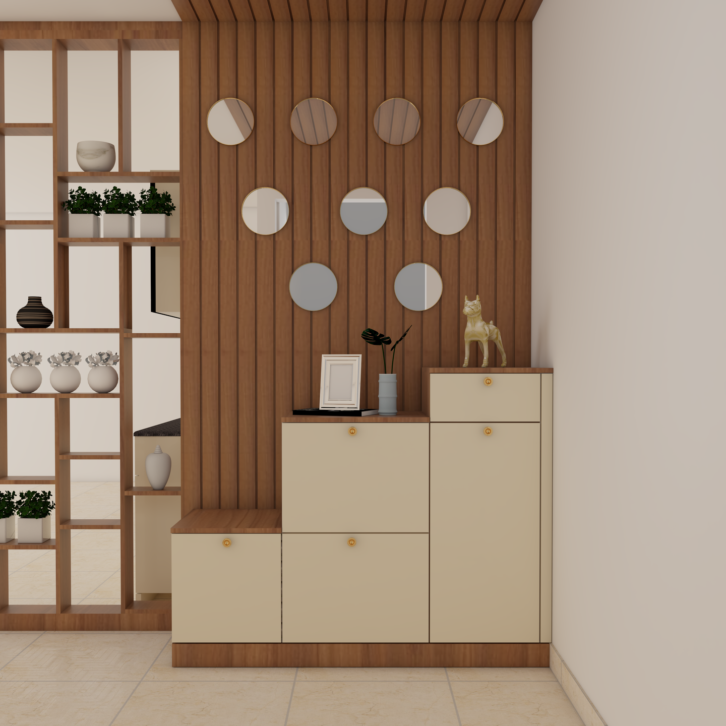 Modern Foyer Design With Wooden Panels | Livspace