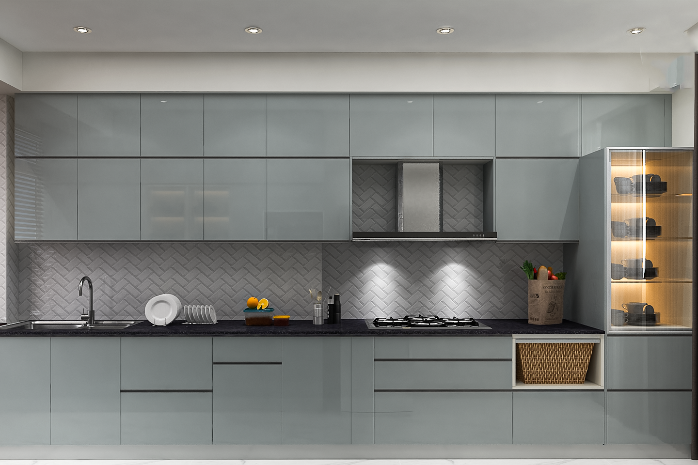 Grey Contemporary Kitchen Design With Display Unit | Livspace