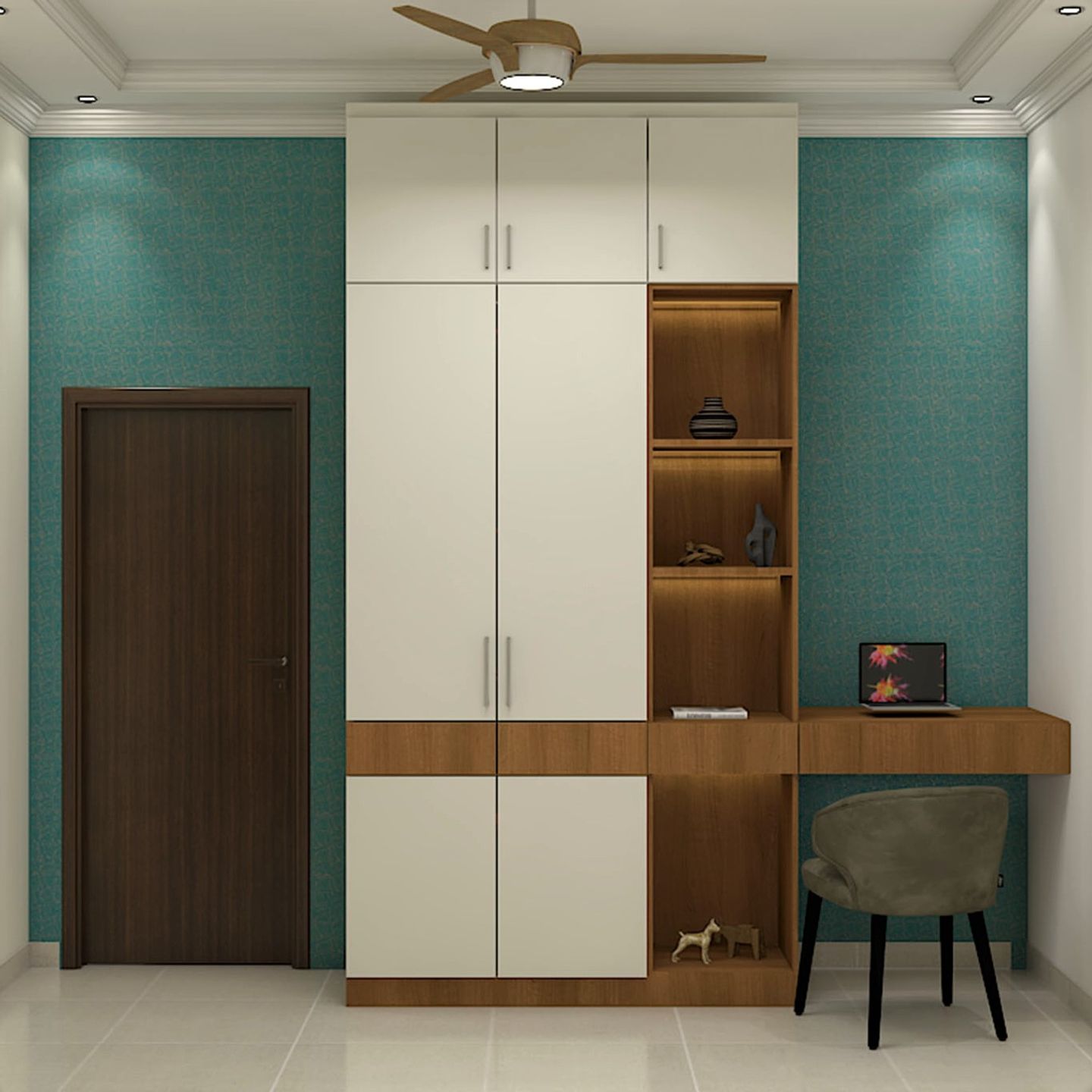 Modern Creamy White Wardrobe With Wall Mounted Study And Accent Chair ...