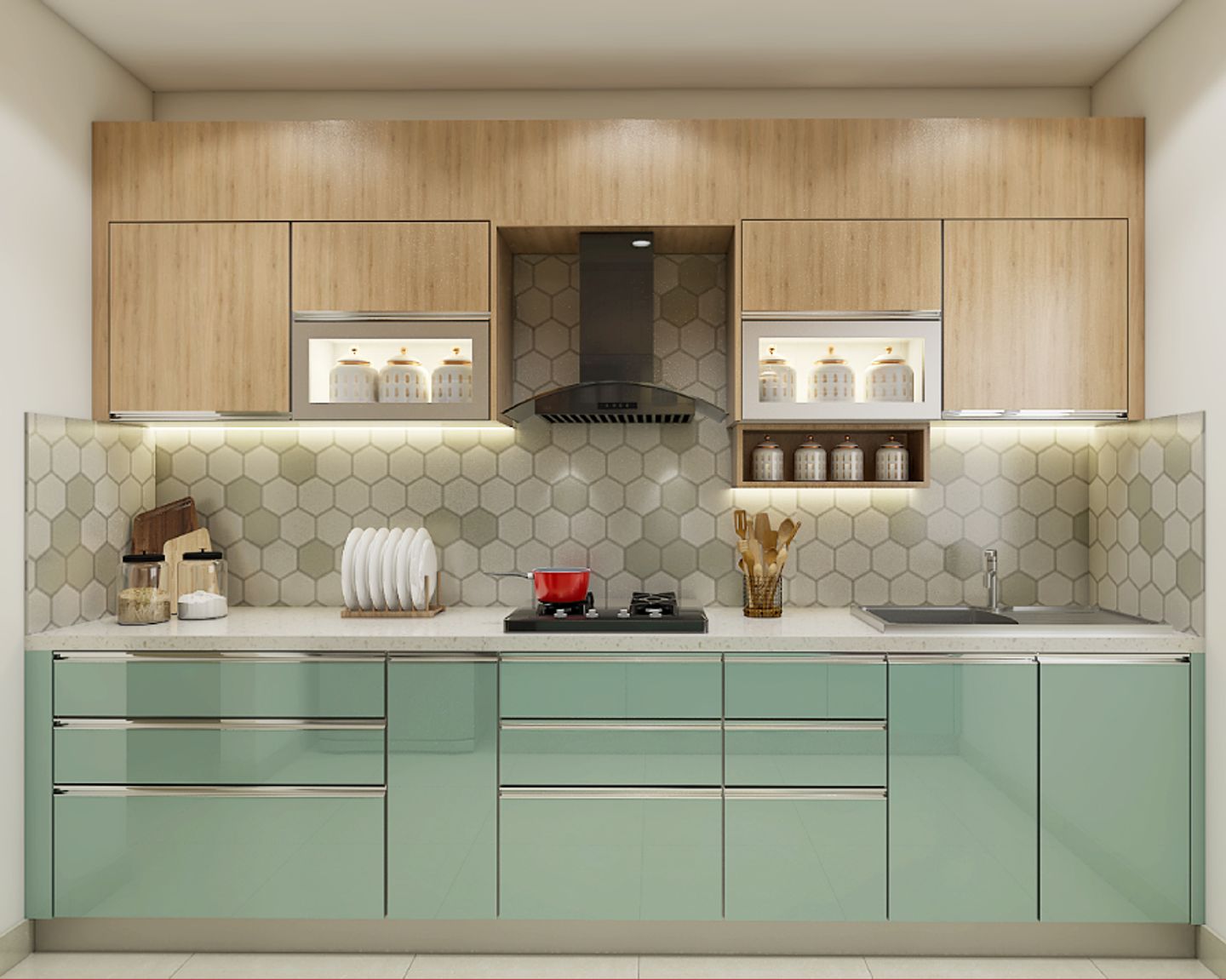 Spacious Kitchen Design With Profile Lighting - 10X8 Ft | Livspace