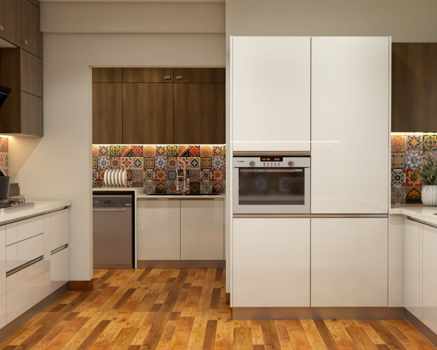 Modular Kitchen Design With Drawers And Wicker Baskets - 14X13 Ft ...