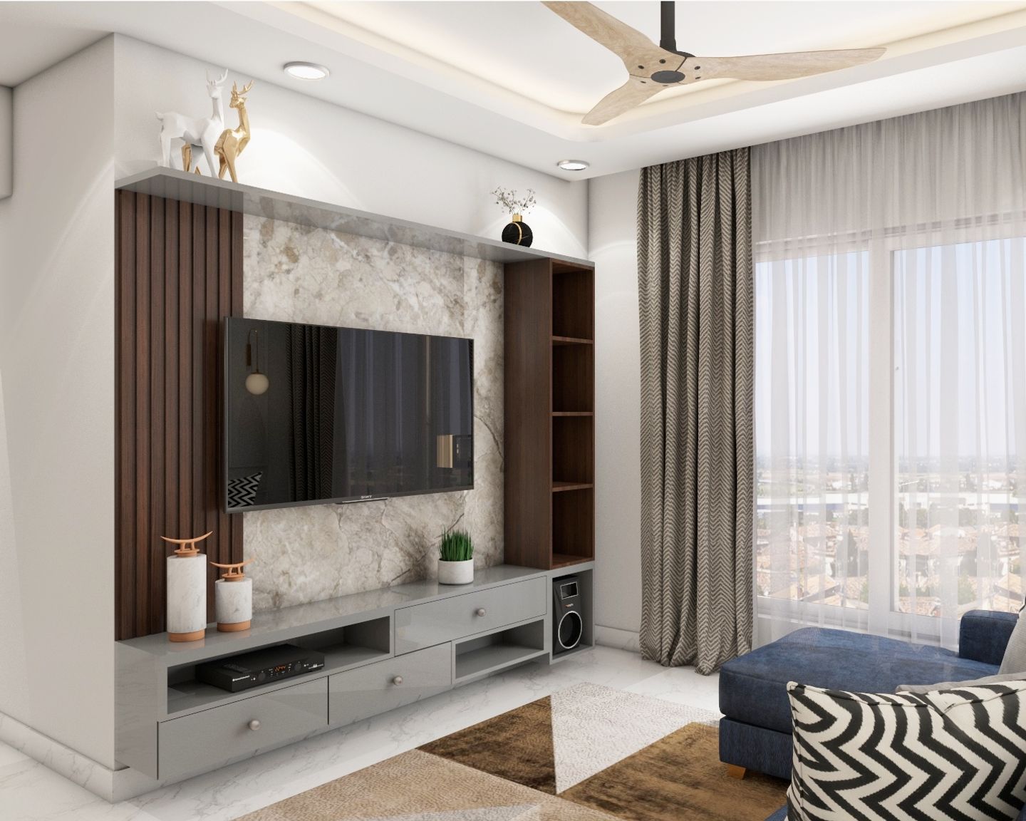 Wall-Mounted TV Cabinet With Wooden Rafters For The Back Panel | Livspace