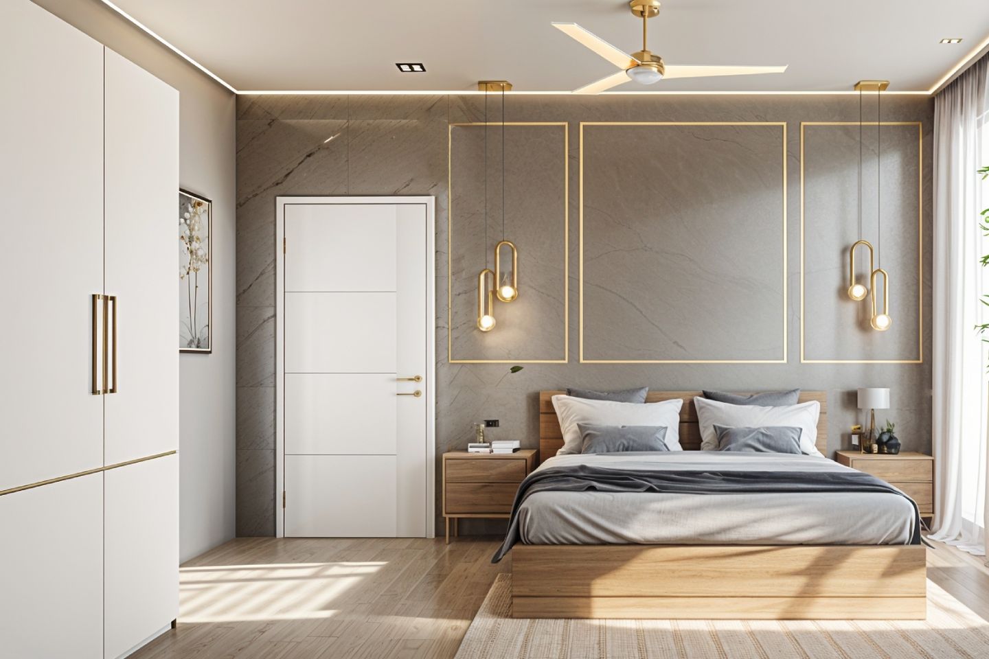 Spacious Modern Master Bedroom Design: King Bed and Grey Textured ...