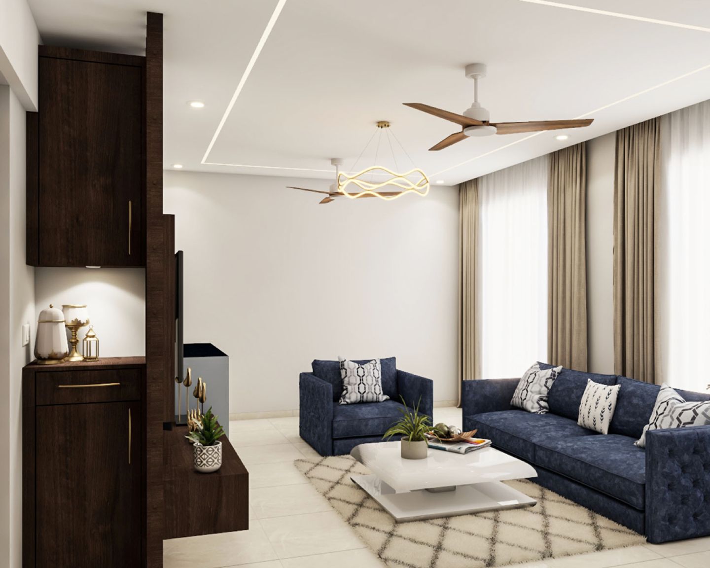 White Living Room Ceiling Design With Track Lights And Drop Light ...