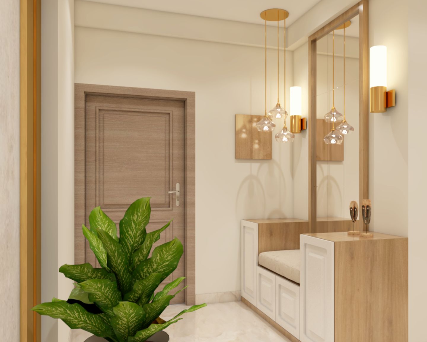 Foyer Design In White And Wood With Seated Storage And Mirror | Livspace